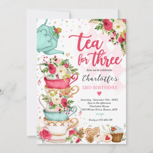 Christmas Tea Birthday Party Tea For Three Party Invitation | Zazzle