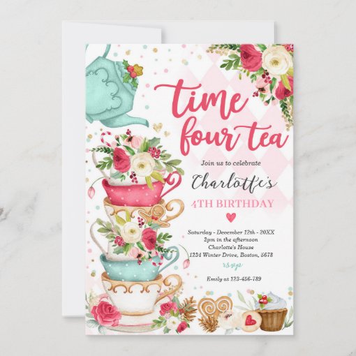 Christmas Tea Birthday Party Time Four Tea Party Invitation | Zazzle