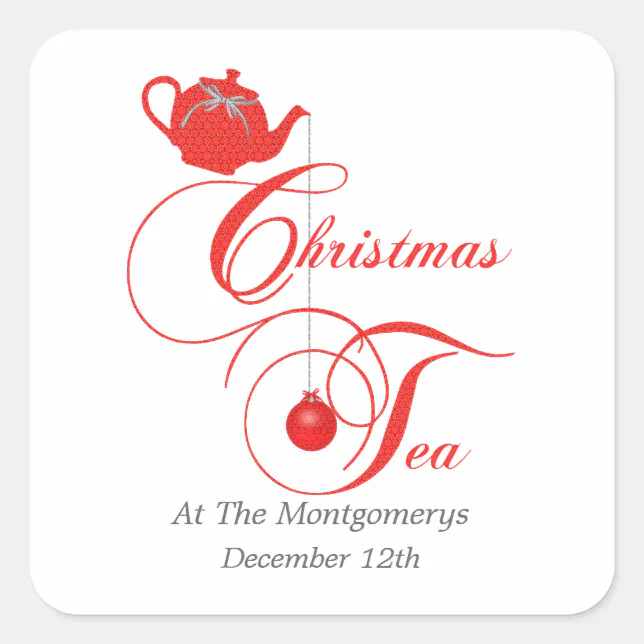 Christmas Tea Party Custom Name and Date Square Sticker | Zazzle