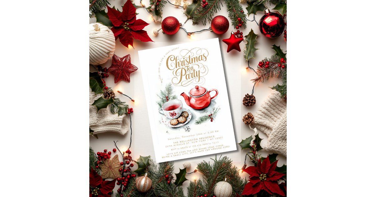 Christmas Tea Party Minimalist Elegant Festive Invitation | Zazzle