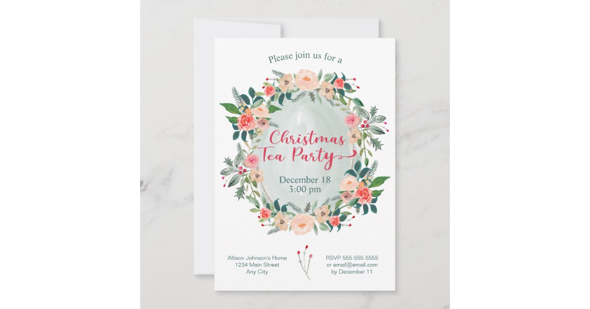Christmas Tea Party Winter Floral Invitation | Zazzle