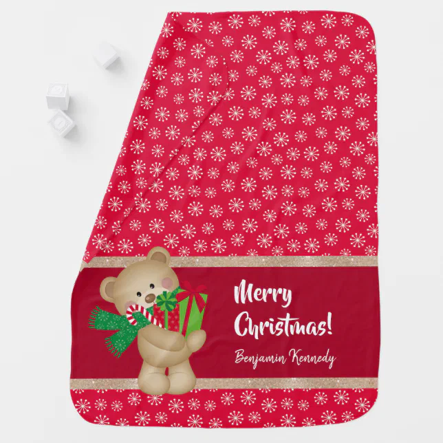 Christmas Teddy Bear with Gift and Snowflakes, Red Baby Blanket | Zazzle