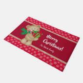 Christmas Teddy Bear with Gift and Snowflakes, Red Doormat | Zazzle