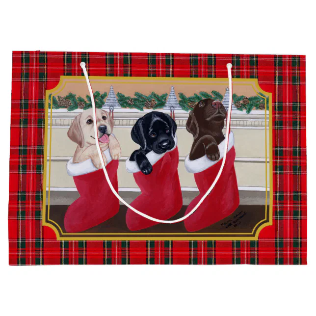 Christmas Three Labrador Puppies Tartan Large Gift Bag | Zazzle