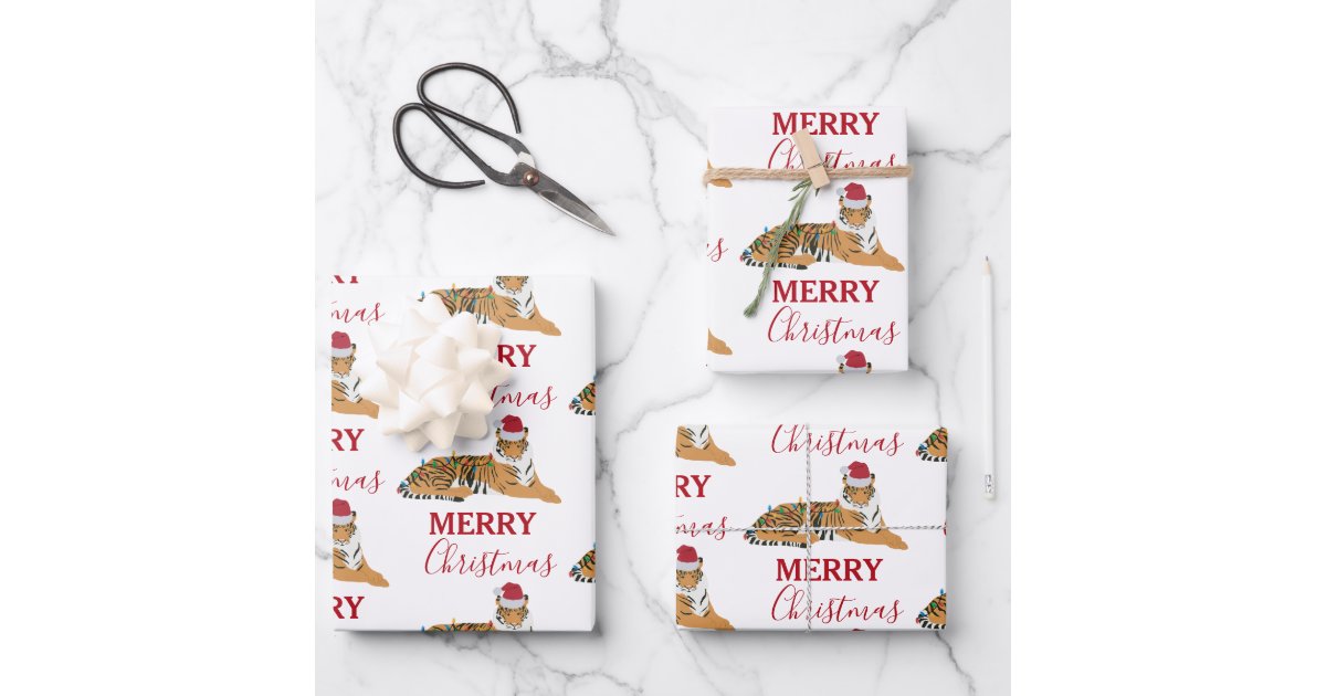 Christmas Tiger Funny Animal with Santa Hat Wrapping Paper Sheets | Zazzle