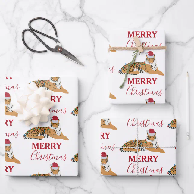 Christmas Tiger Funny Animal with Santa Hat Wrapping Paper Sheets | Zazzle