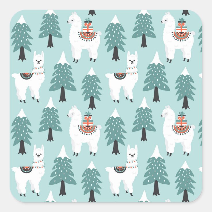 Christmas tree and cute lama pattern square sticker | Zazzle