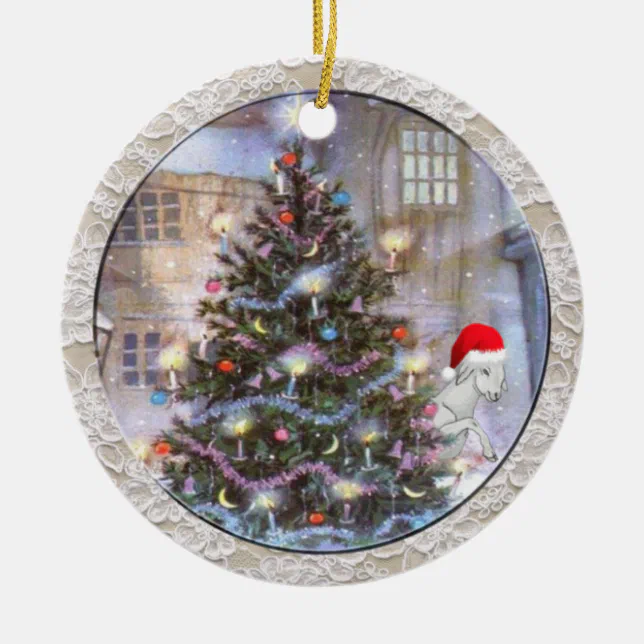 Christmas Tree and Goat in Santa Hat Ceramic Ornament | Zazzle