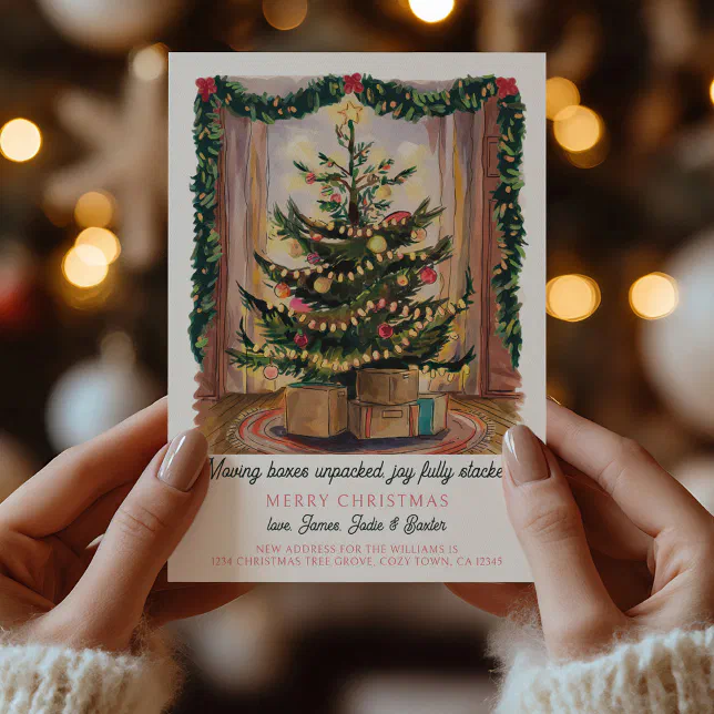 Christmas Tree and Moving Boxes Holiday Moving Announcement | Zazzle