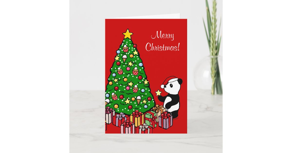 Christmas Tree and Panda Cartoon Holiday Card | Zazzle