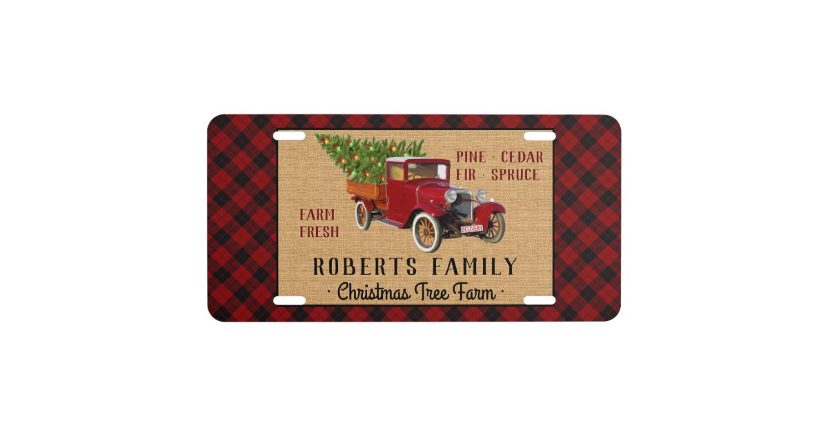 Christmas Tree Farm Vintage Truck Red Plaid Rustic License Plate | Zazzle