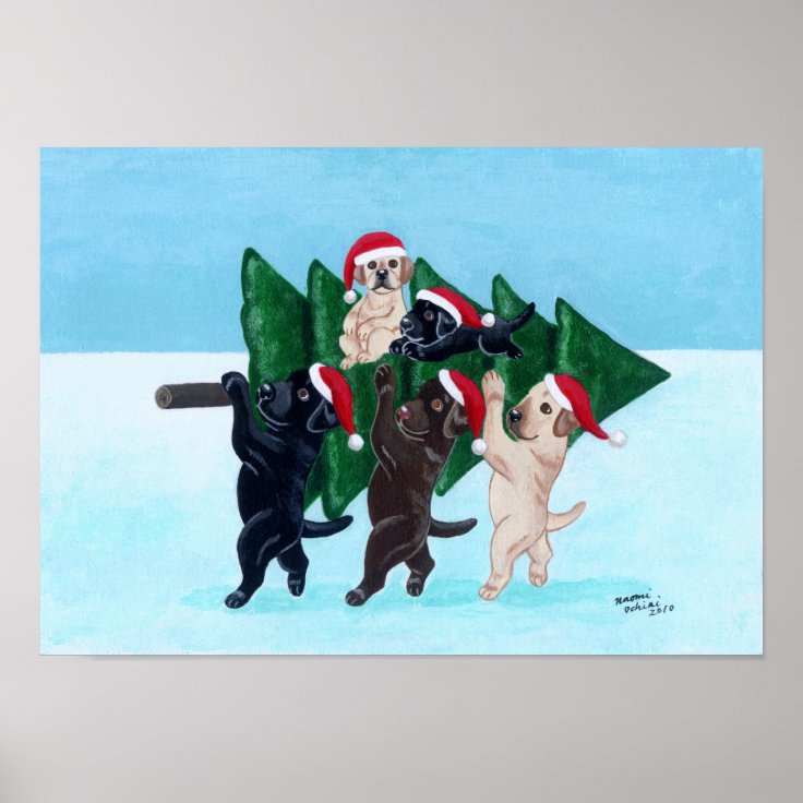 Christmas Tree Labradors in the Snow Field Artwork Poster | Zazzle