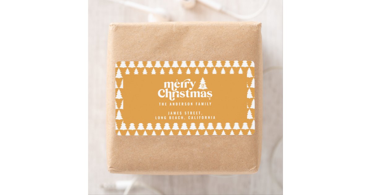 Christmas tree modern holiday simple mustard label | Zazzle