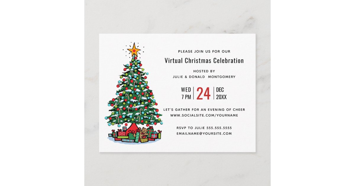 Christmas Tree Modern Virtual Holiday Party Invitation Postcard | Zazzle
