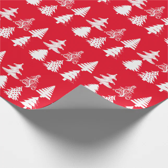 Christmas tree pattern red white wrapping paper | Zazzle