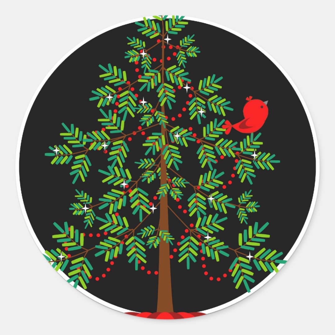 Christmas Tree Red Bird Round Sticker | Zazzle