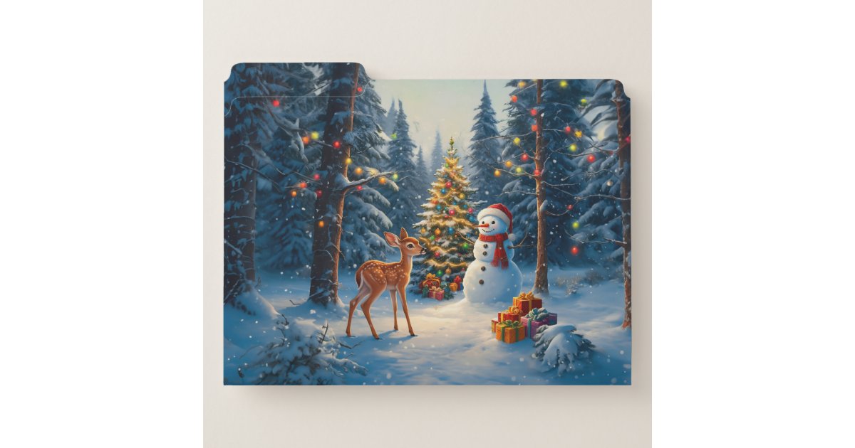 Christmas Tree Scene Cute Deer Fawn Snowman File Folder | Zazzle