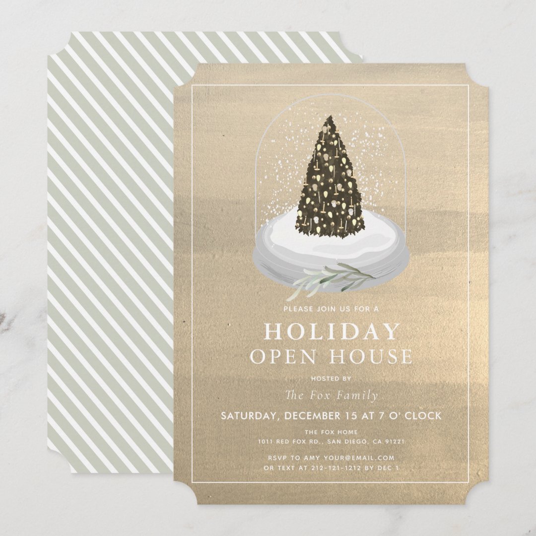Christmas Tree Snow Globe Gold Holiday Open House Invitation | Zazzle