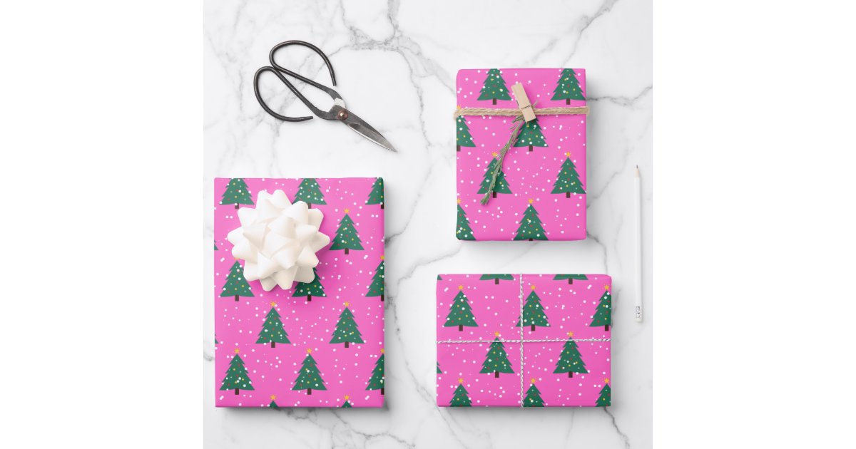 Christmas Tree, Snowfall on Pink Wrapping Paper Sheets | Zazzle