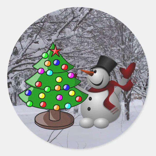 Christmas Tree, Snowman, Snow Scene Photo Stickers | Zazzle