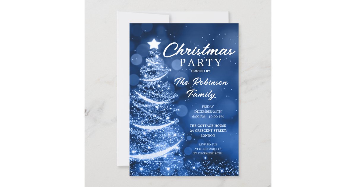 Christmas Tree Sparkle Blue Christmas Party Invitation | Zazzle