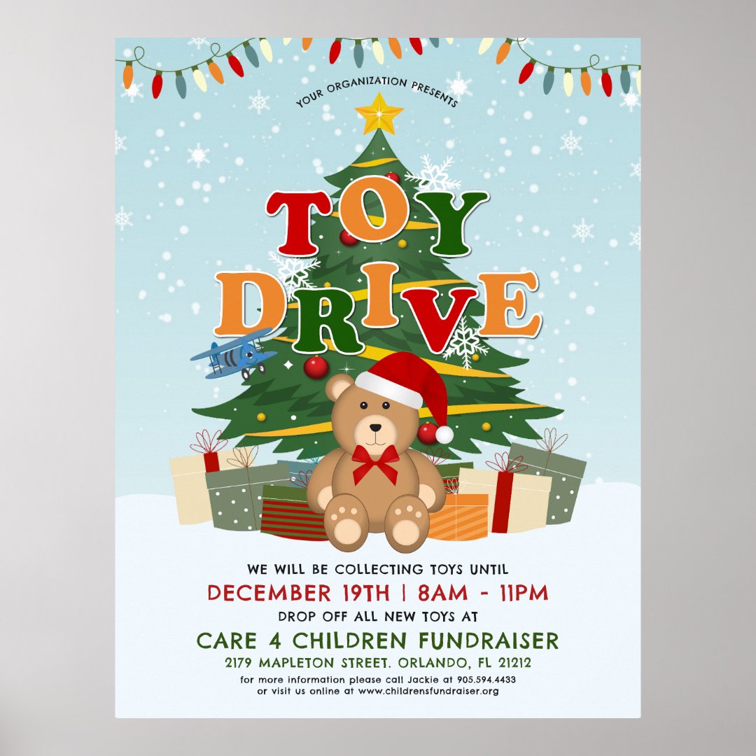 Christmas Tree Teddy Bear Toy Drive Fundraiser Poster | Zazzle
