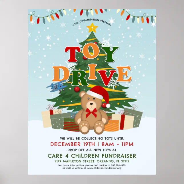 Christmas Tree Teddy Bear Toy Drive Fundraiser Poster | Zazzle