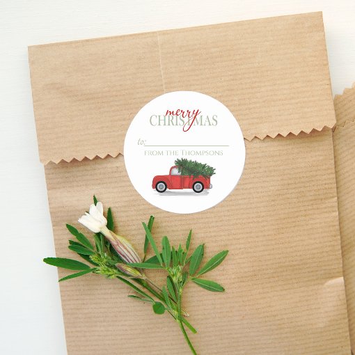 Christmas Tree Vintage Red Truck Rustic Cute Classic Round Sticker | Zazzle