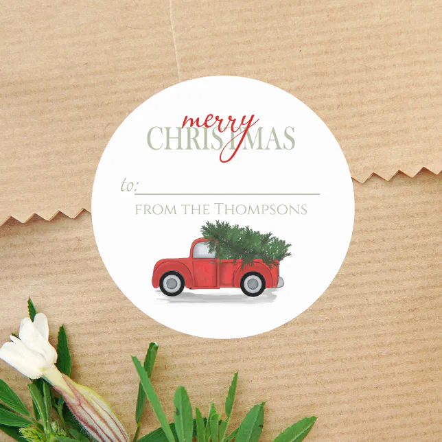 Christmas Tree Vintage Red Truck Rustic Cute Classic Round Sticker | Zazzle