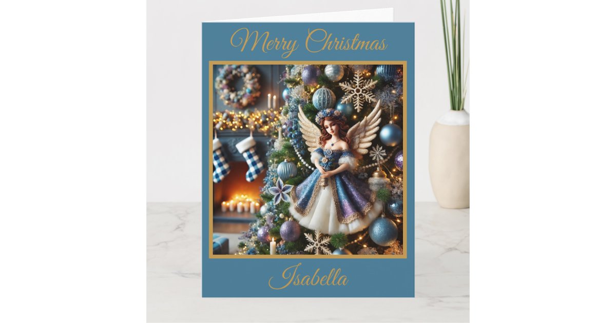 Christmas Tree with Angel (Blue) Card | Zazzle