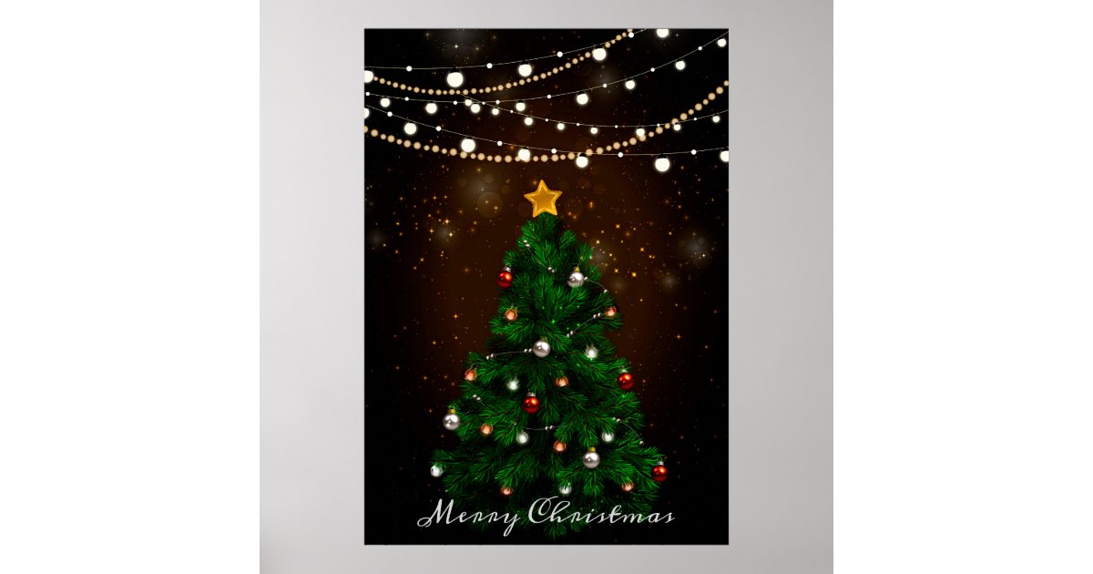 Christmas tree with string lights Poster | Zazzle