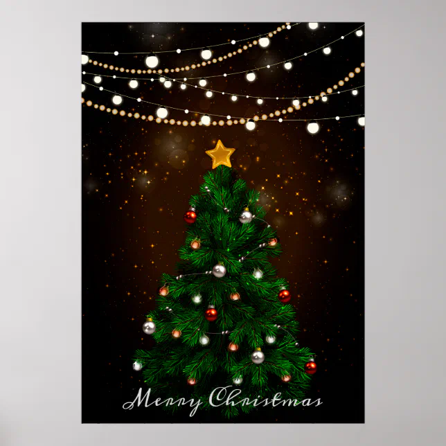 Christmas tree with string lights Poster | Zazzle