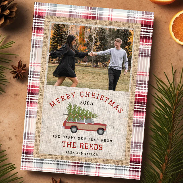 Christmas Tree Wood Wagon SUV Photo Tartan Plaid Holiday Card | Zazzle