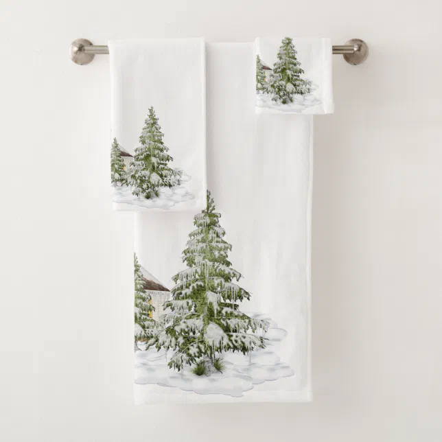 Christmas Trees and Snow On White Bath Towel Set | Zazzle