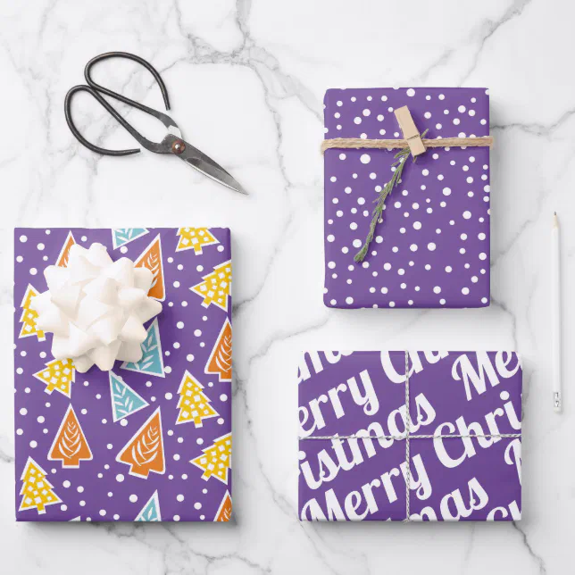 Christmas trees "Merry Christmas" snow purple Wrapping Paper Sheets ...