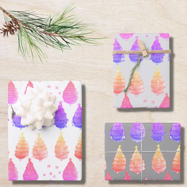 Christmas Trees Pink Purple Wrapping Paper Sheets | Zazzle