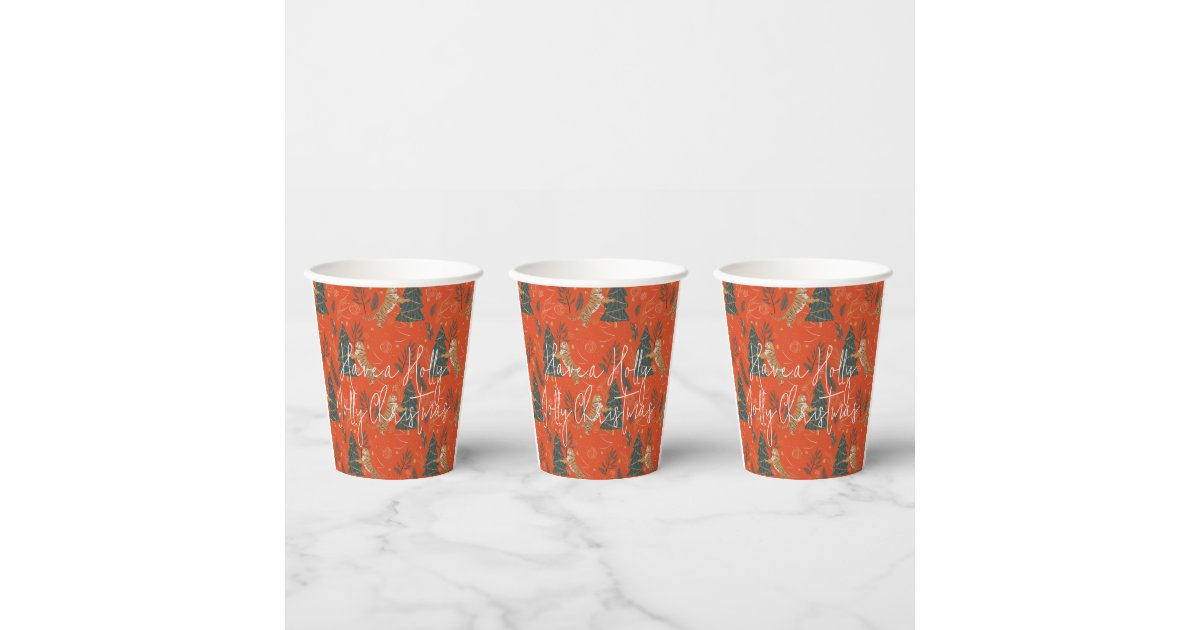 Christmas trees & tigers pattern custom background paper cups | Zazzle