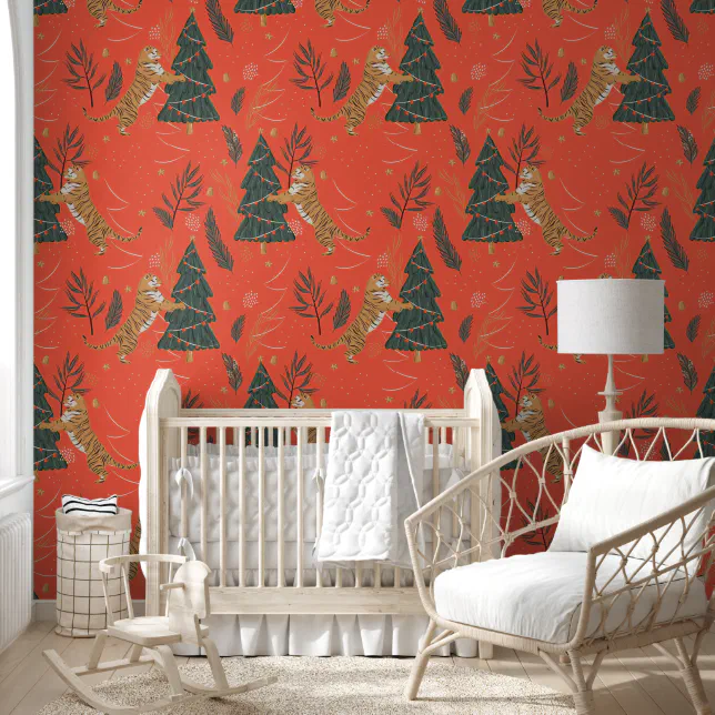 Christmas trees & tigers pattern custom background wallpaper | Zazzle