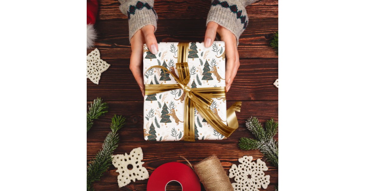 Christmas trees & tigers pattern custom background wrapping paper | Zazzle