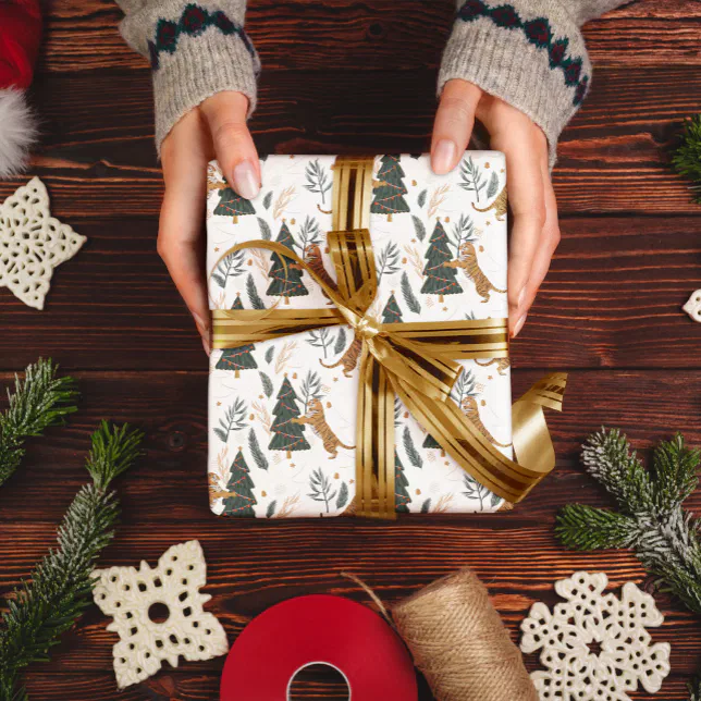 Christmas trees & tigers pattern custom background wrapping paper | Zazzle