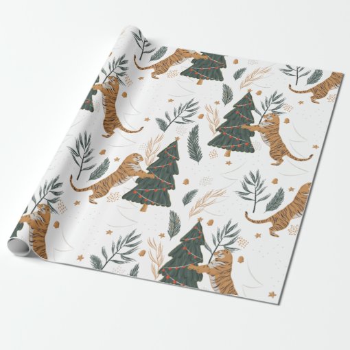 Christmas trees & tigers pattern custom background wrapping paper | Zazzle