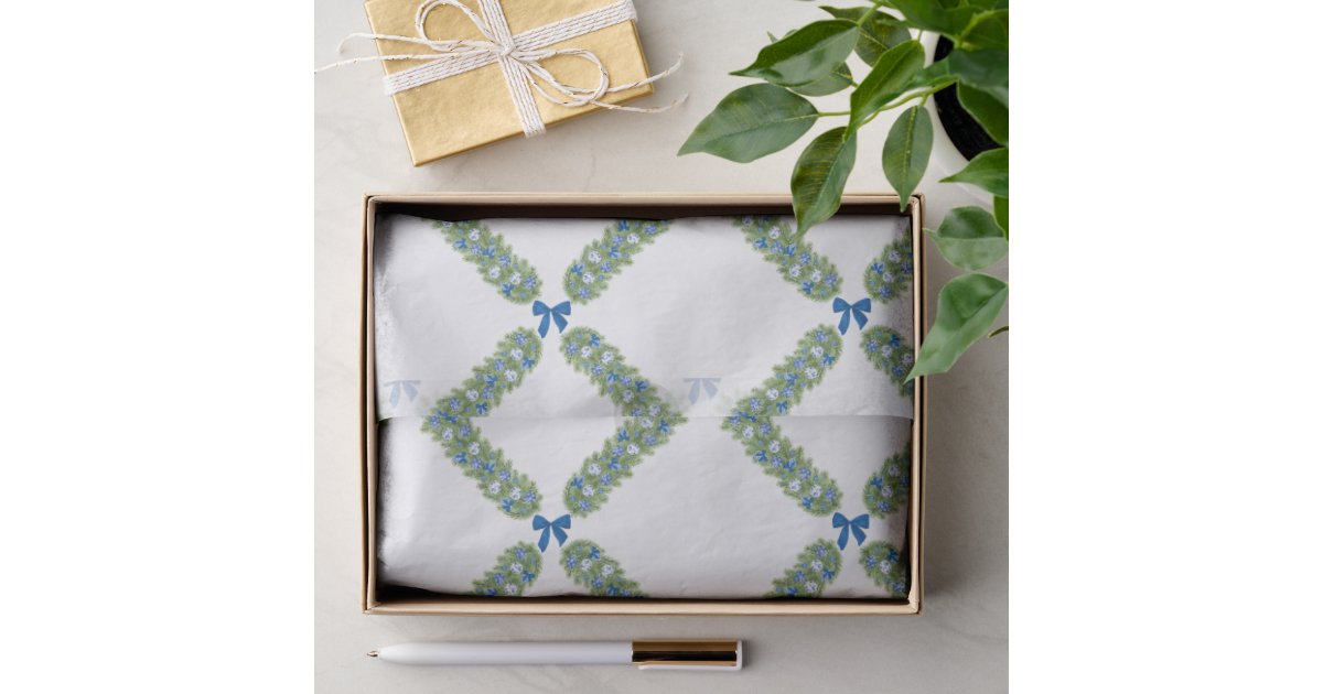 Christmas Trellis Blue Bow Tissue Paper | Zazzle