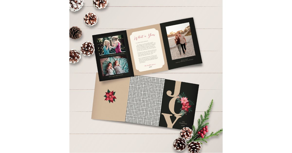 Christmas Trifold Photo Red Black Joy Floral | Zazzle
