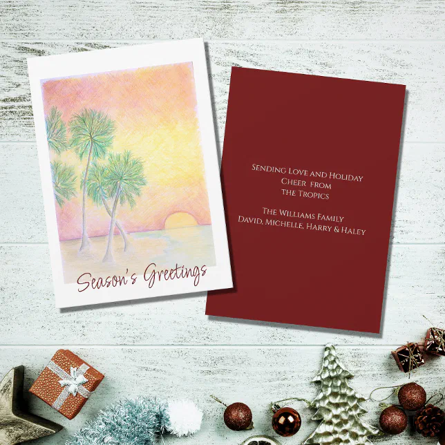 Christmas Tropical Beach Sunset Palm Trees Holiday Card | Zazzle