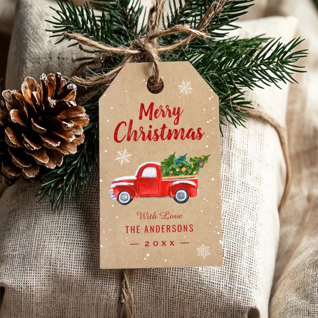 Christmas Truck Merry Christmas Snowflakes Kraft Gift Tags | Zazzle