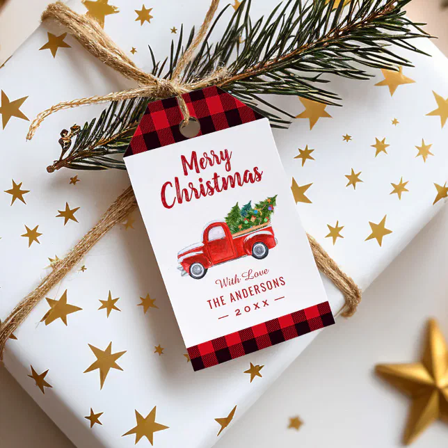 Christmas Truck Red Buffalo Plaid Merry Christmas Gift Tags | Zazzle