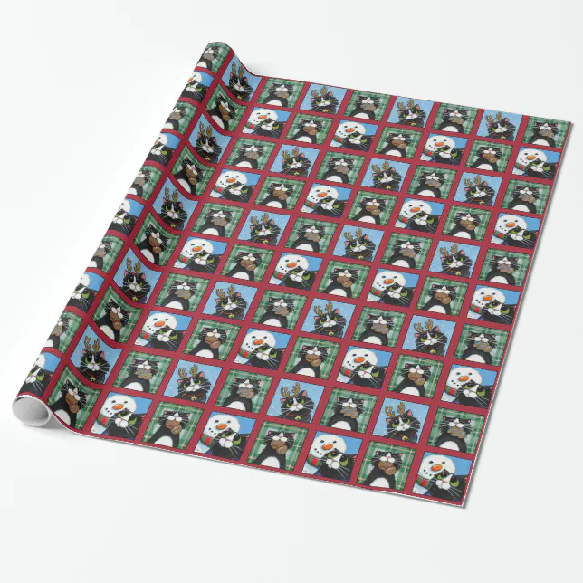 Christmas Tuxedo Cats, Snowmen and Gingerbread Men Wrapping Paper | Zazzle