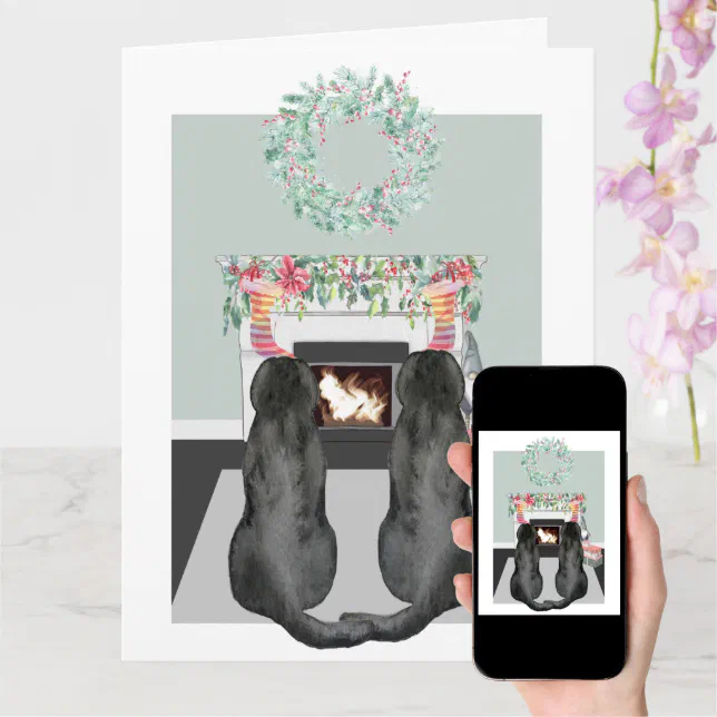 Christmas Two Black Labrador Dogs Fireplace Scene Card | Zazzle
