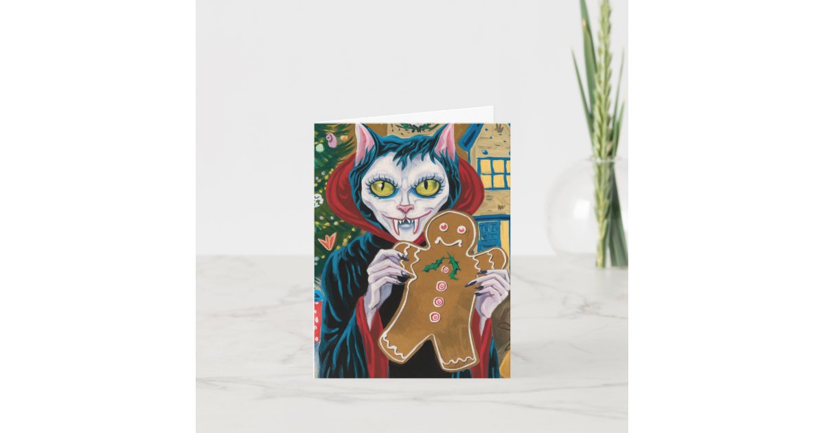 Christmas Vampire Kitty With Gingerbread Man Card | Zazzle