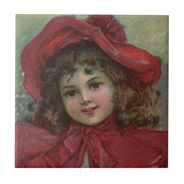 Christmas Victorian Child Red Hat Girl Portrait Ar Tile | Zazzle